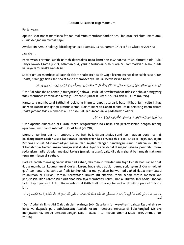 Bacaan Al-Fatihah Bagi Makmum | PDF