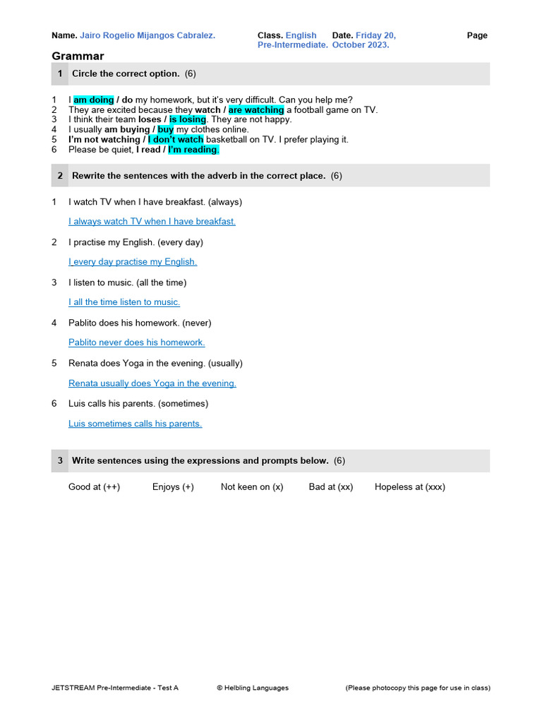 Exam 1 Pre Intermediate Jair | PDF | English Language | Language Mechanics