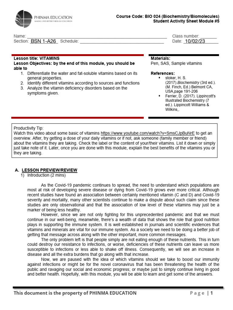 SAS For Biochemistry BIO 024 Module 5 | PDF | Vitamin | Dietary Supplements