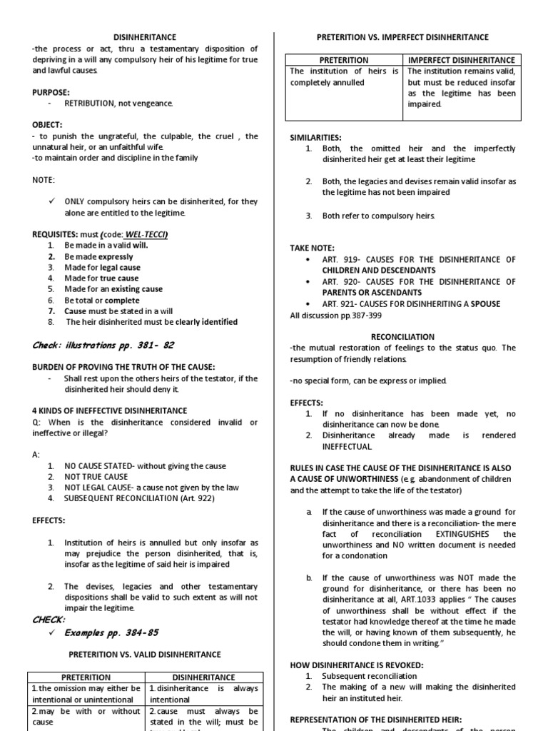 Disinheritance (Final Notes) | PDF | Will And Testament | Intestacy