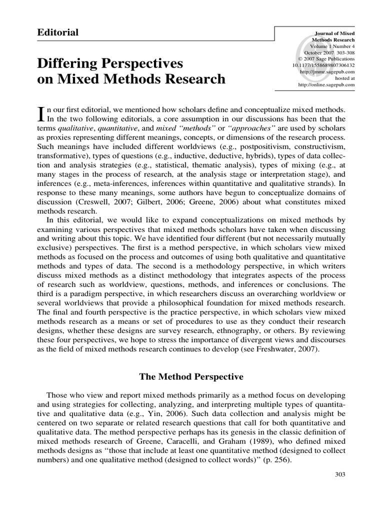 Creswell Tashakkori 2007 Editorial Differing Perspectives On Mixed ...