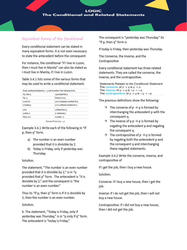 MATH 4 The Conditional and Related Statements Handout | PDF | Logic ...