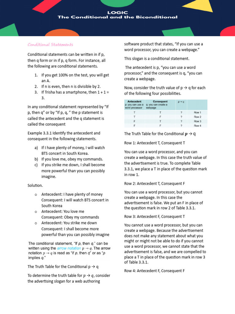 MATH 4 The Conditional and The Biconditional Handout | PDF | If And Only If | Metalogic
