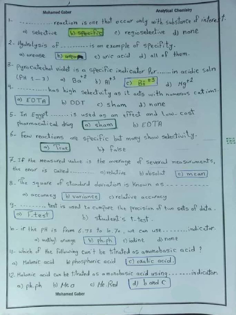 Analytical Chemistry MCQ | PDF