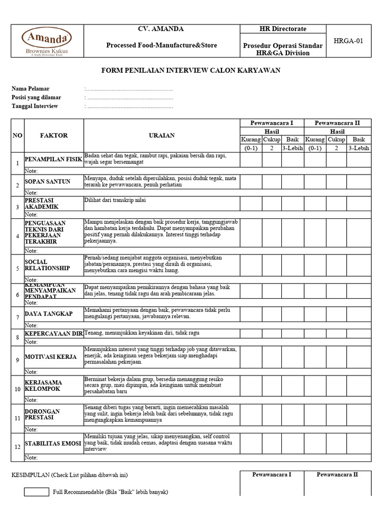Form Penilaian Interview Calon Karyawan | PDF