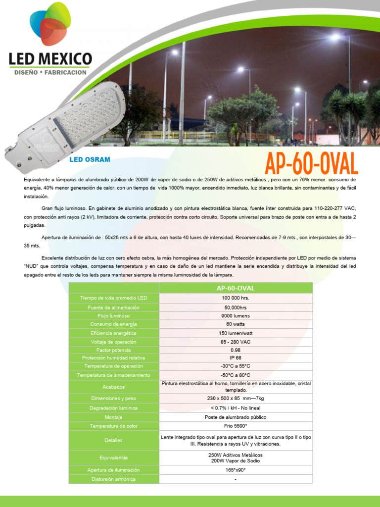 Ficha Técnica Luminaria Led Mexico AP 60 OVAL | PDF