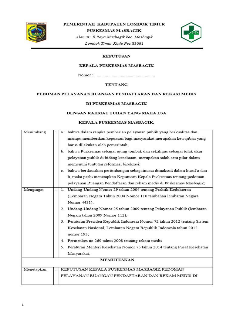 SK Pedoman Ruangan Pendaftaran Dan RM | PDF