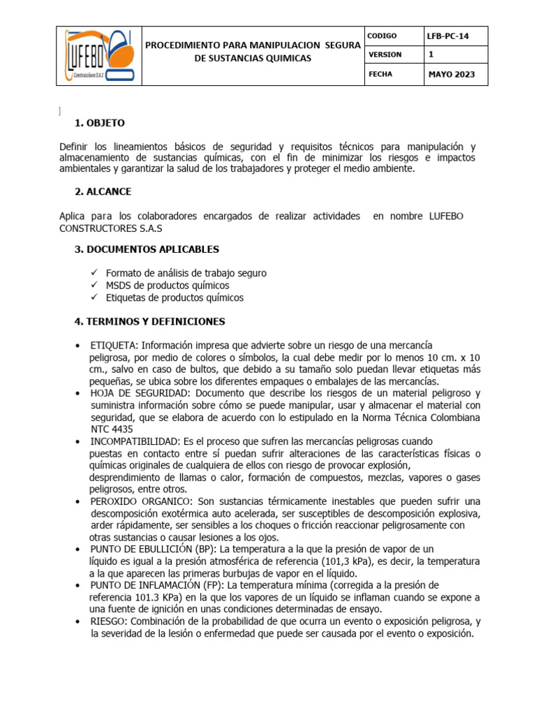 Procedimiento para Manejo Seguro de Sustancias Quimicas | PDF | Química ... Procedimiento para Manejo Seguro de Sustancias Quimicas | PDF | Química ...