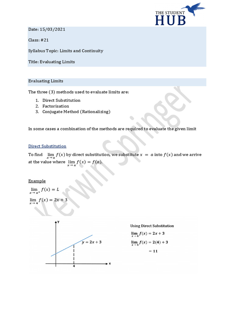 Class 21 - Limits and Continuity - 15.03.2021 | PDF | Factorization | Mathematics