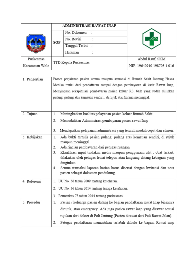 Sop Administrasi Rawat Inap | PDF