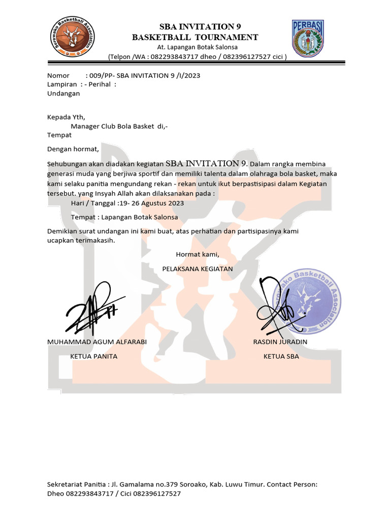 Undangan Turnamen Basket SBA 9 | PDF