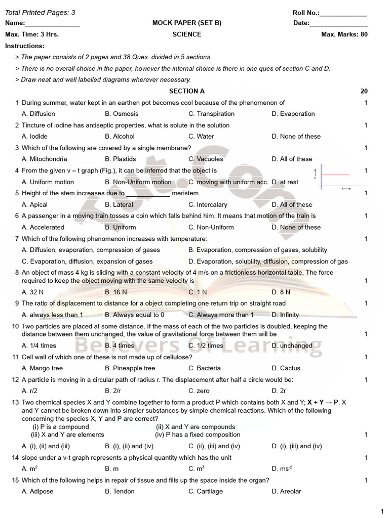 Sci - Sept 24 - Set B | PDF | Tissue (Biology) | Force