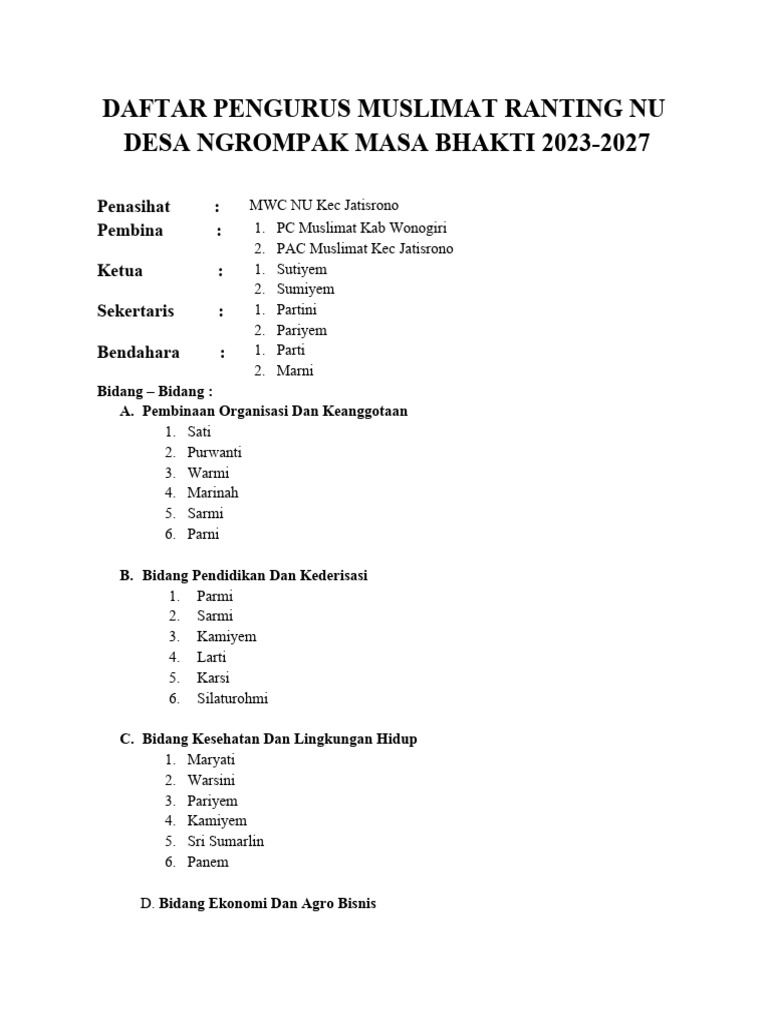 Contoh Susunan Pengurus Fatayat NU | PDF | Ilmu Sosial | Perjalanan