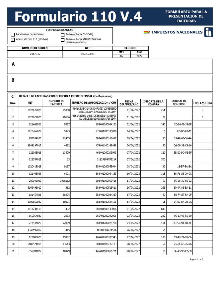 Formulario 110 V.4: Formulario para La Presentacion de Facturas | PDF