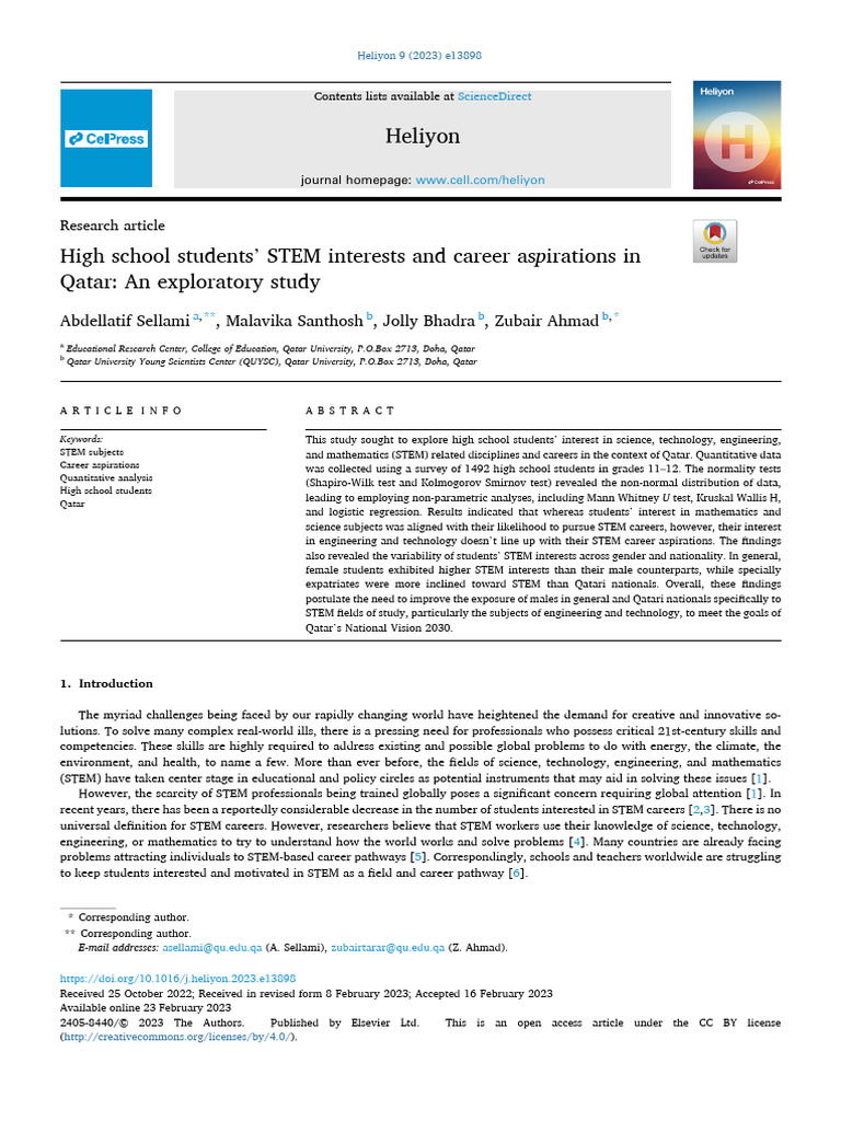 STEM Interests of High Schoolers in Qatar | PDF | Science, Technology ...