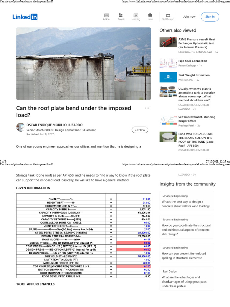 tank roof design calculations example | PDF