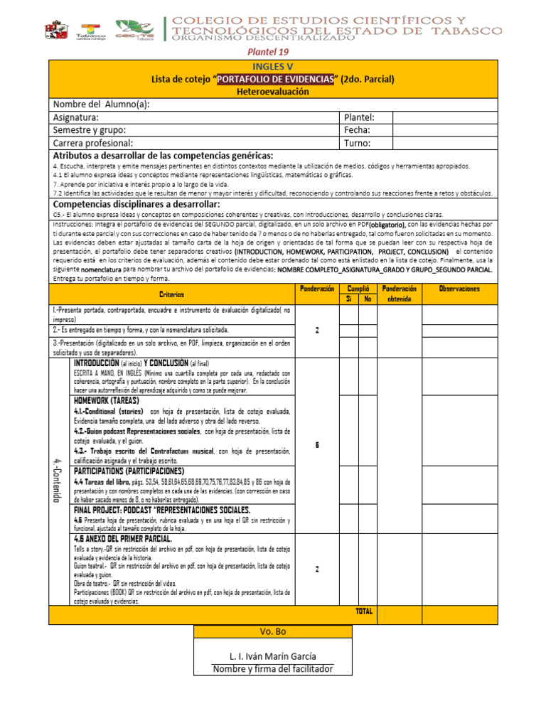 Ingles v. - Lista de Cotejo para Portafolio de Evidencias Digitalizado ... Ingles v. - Lista de Cotejo para Portafolio de Evidencias Digitalizado ...