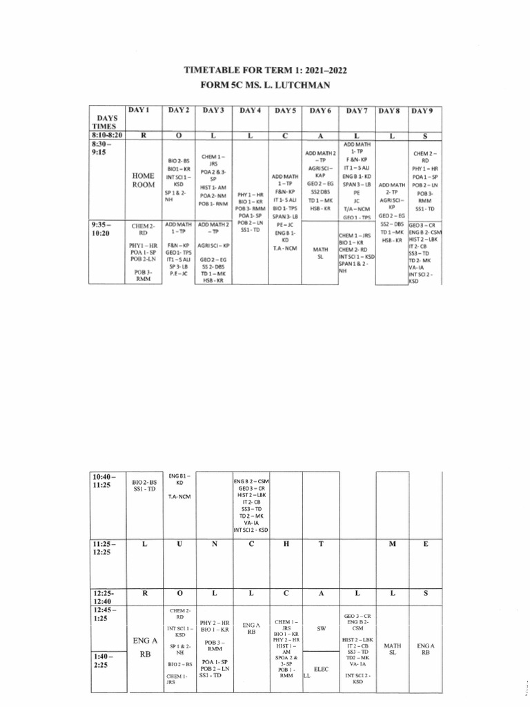 Form 5 Timetable | PDF
