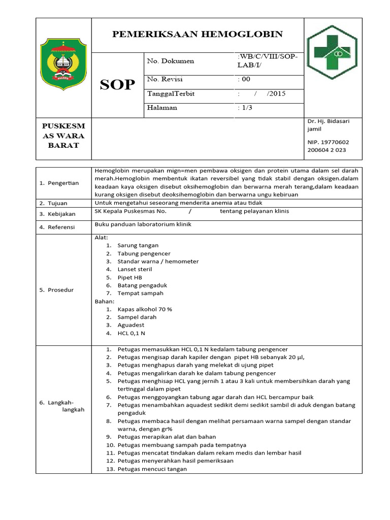 Prosedur Pemeriksaan Hemoglobin SOP | PDF