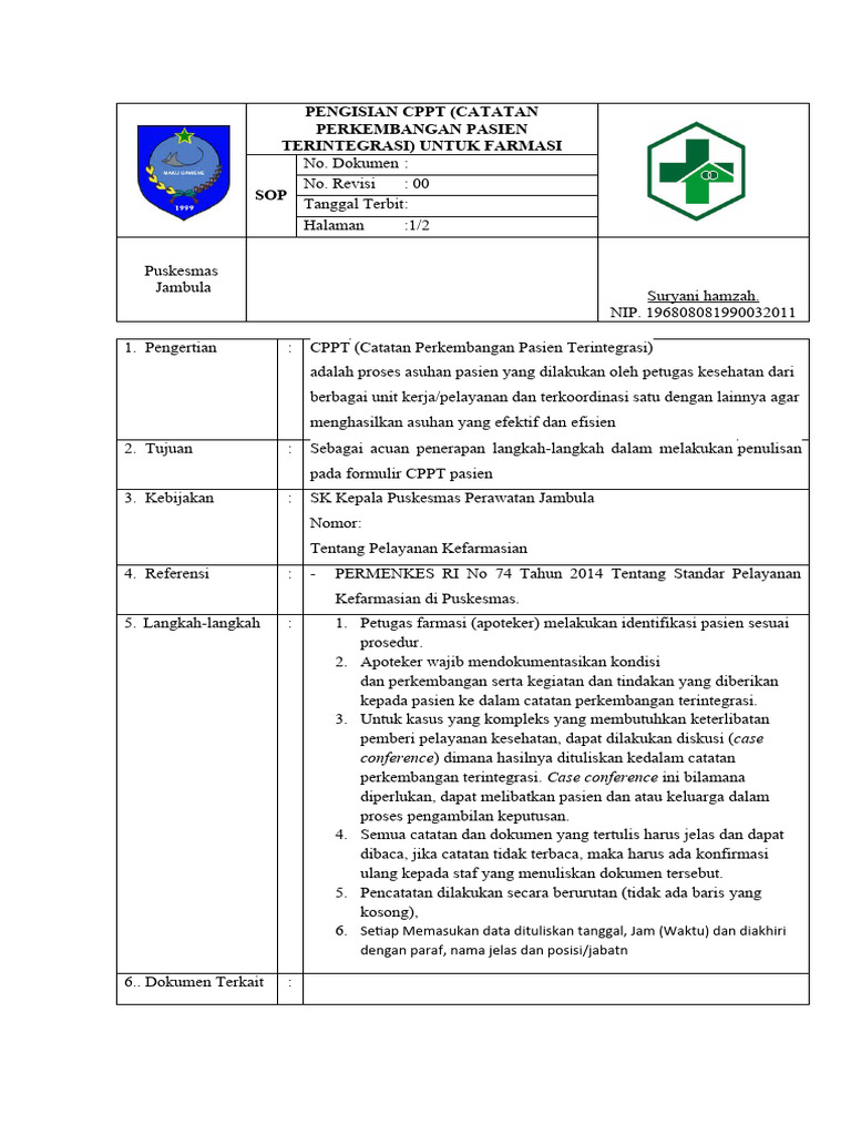 3.10.1.4.2 Pengisian CPPT (Catatan Perkembanganpasien Terintegrasi) Untuk Farmasiprosedur | PDF