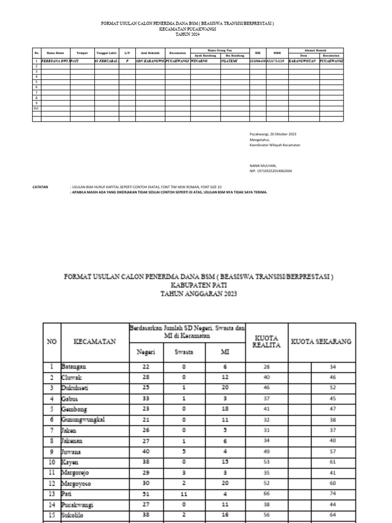 Format Dan Kuota Usulan BSM Tahun 2024 | PDF