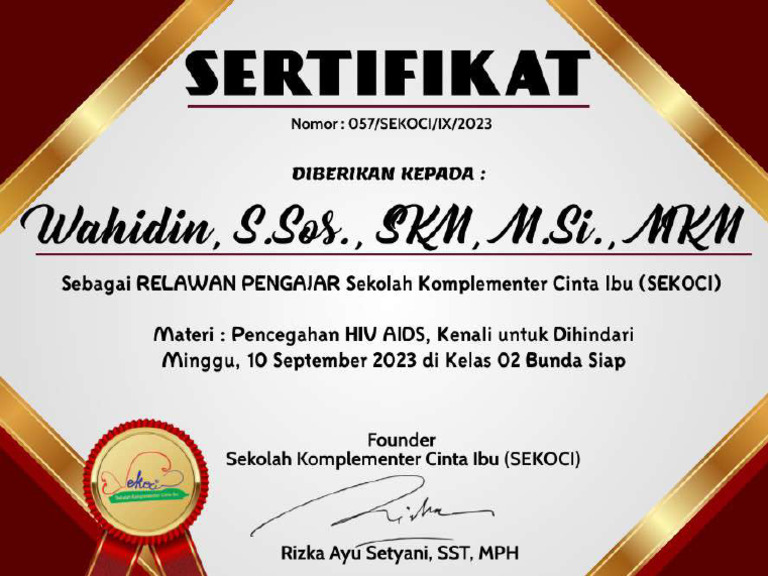 Sertifikat Relawan Pengajar Wahidin 5 | PDF