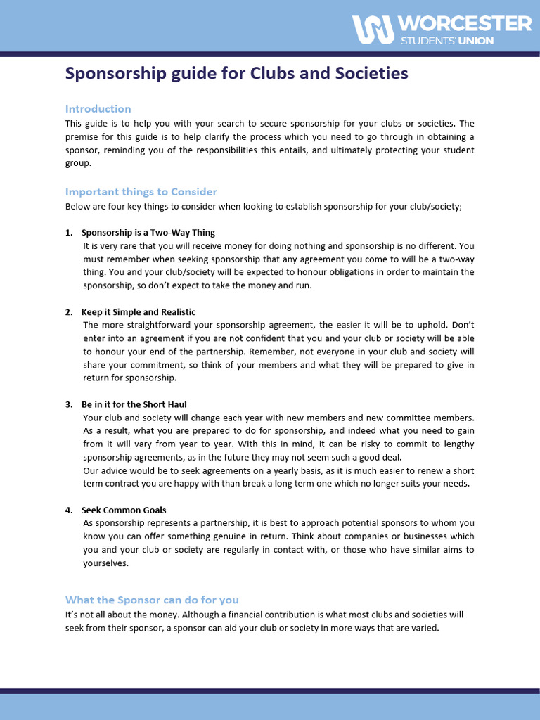 Sponsorship Guide For Clubs and Societies. | PDF | Sponsor (Commercial ...