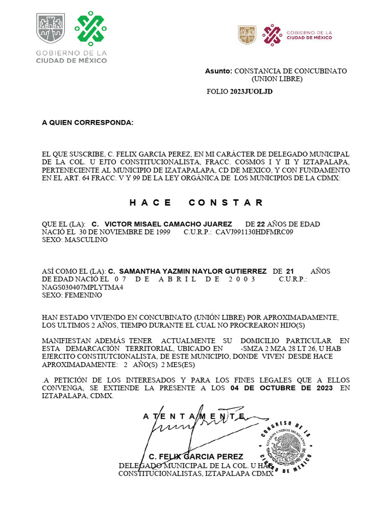 Constancia de Concubinato Union Libre | PDF