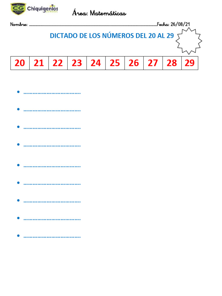 Dictado de Numeros Del 20 Al 29 y Cuadro de Doble Entrada | PDF