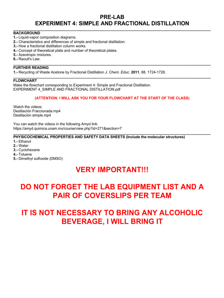 Pre-Lab - Experiment 4 - Simple and Fractional Distillation | PDF
