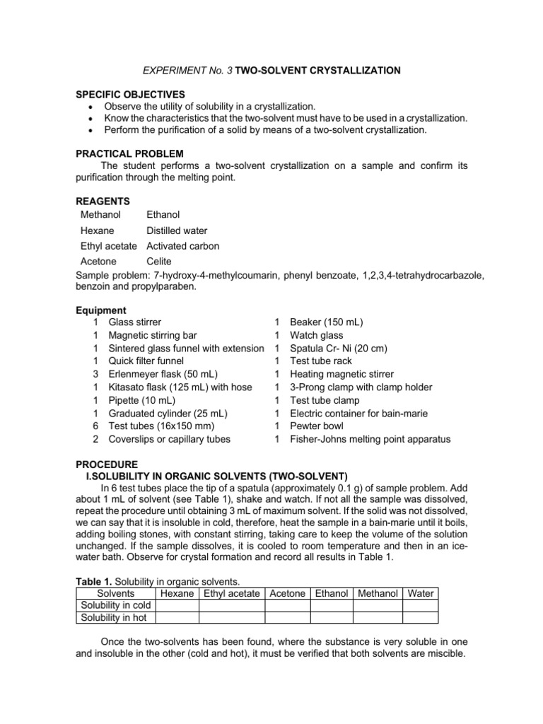 Experiment 3 - Two-Solvent Crystallization | PDF | Solvent | Solubility
