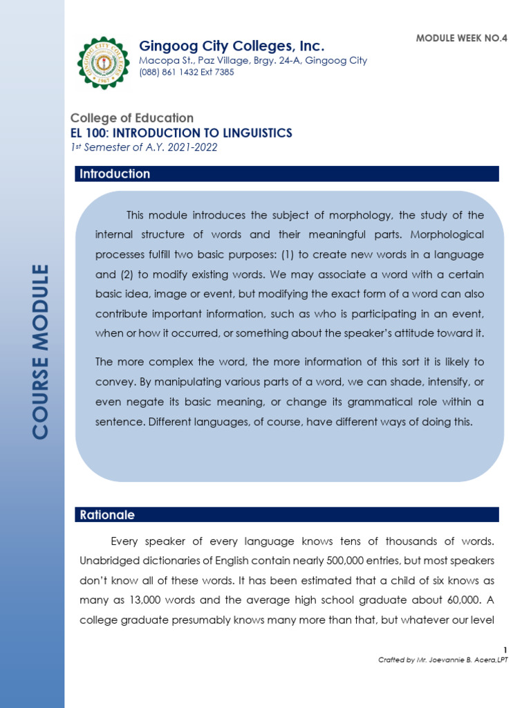 Course Module EL 100 Module 4 | PDF | Word | Morphology (Linguistics)