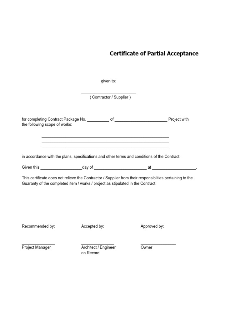 Certificate of Partial Acceptance | PDF