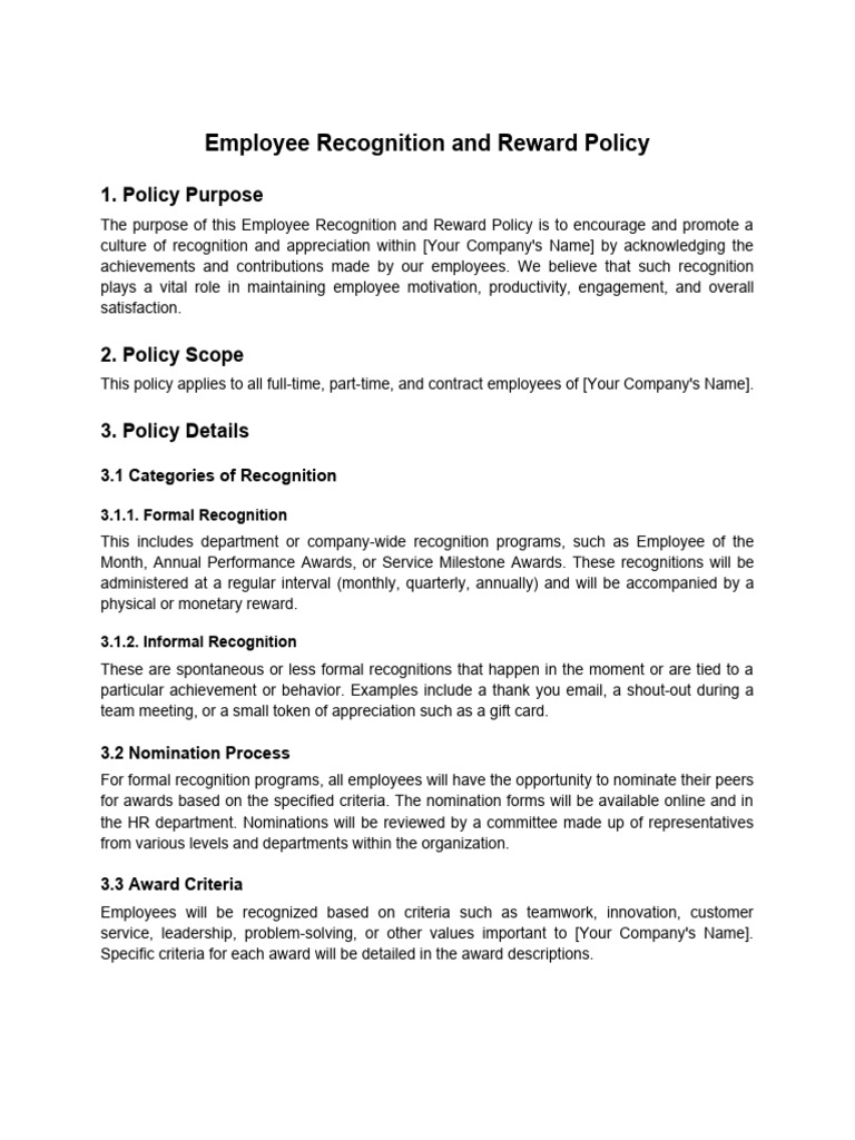Employee Recognition and Reward Policy Sample - 1 | PDF | Employment ...