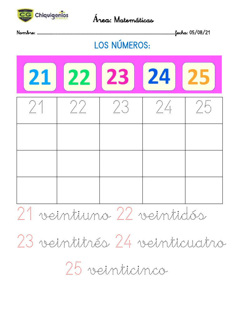 Los Numeros Del 21 Al 25 y Numeros Anterior y Posterior | PDF