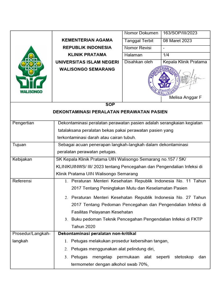 2.3.1.2 Sop Dekontaminasi Peralatan Perawatan Ps | PDF | Sains & Matematika
