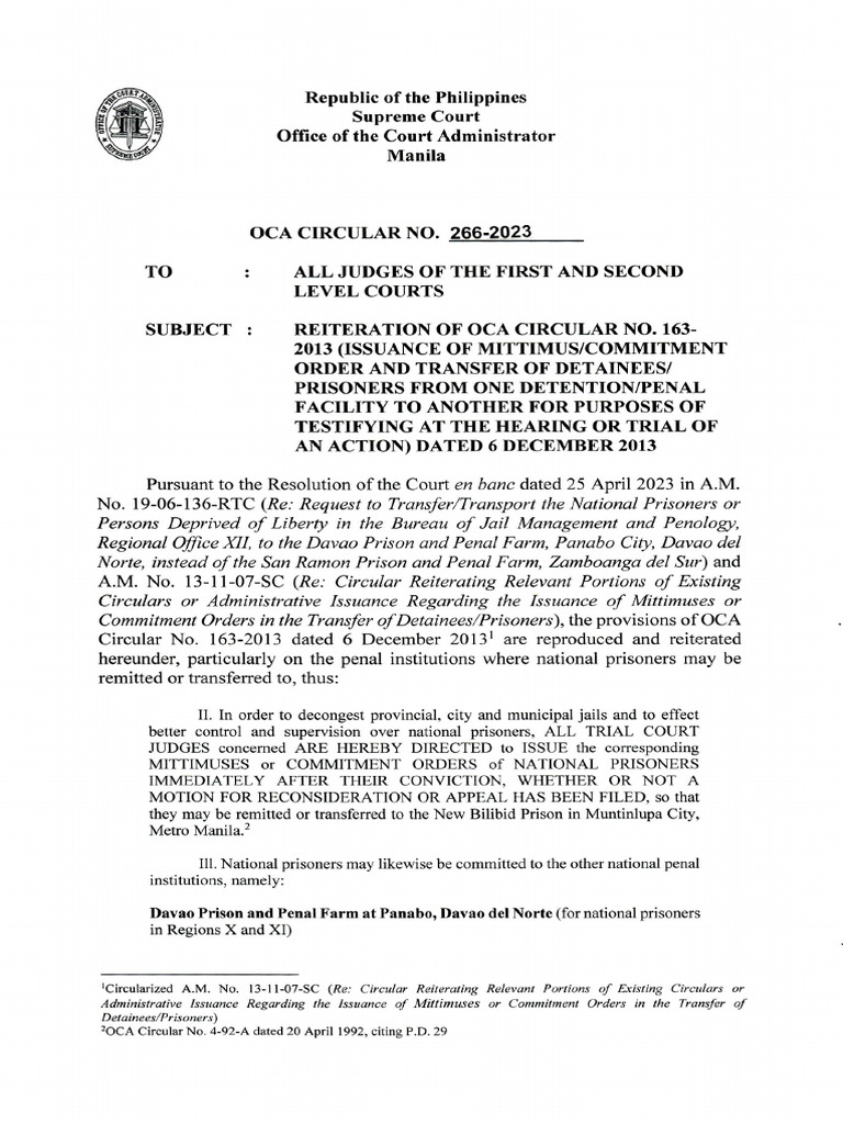 Oca Circular No 266 2023 Mittimuses Or Commitment Order Pdf