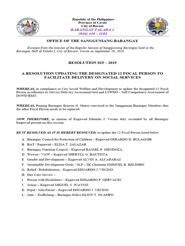Resolution 015 2019 Upddating Focal Person | PDF