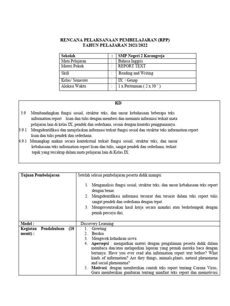 RPP Supervisi Kelas Ix Report Text | PDF | Karier & Perkembangan | Seni & Disiplin Bahasa