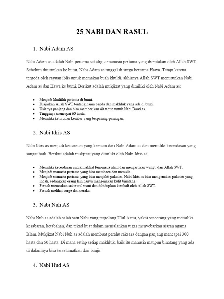 25 Nabi dan Rasul dalam Islam | PDF