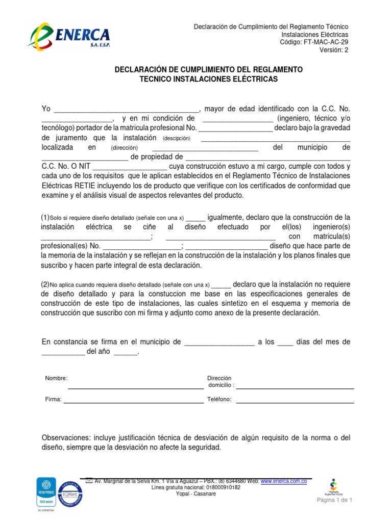FT Mac Ac 29 Declaracioncumplimientoinstalacioneselectricas | Descargar ...