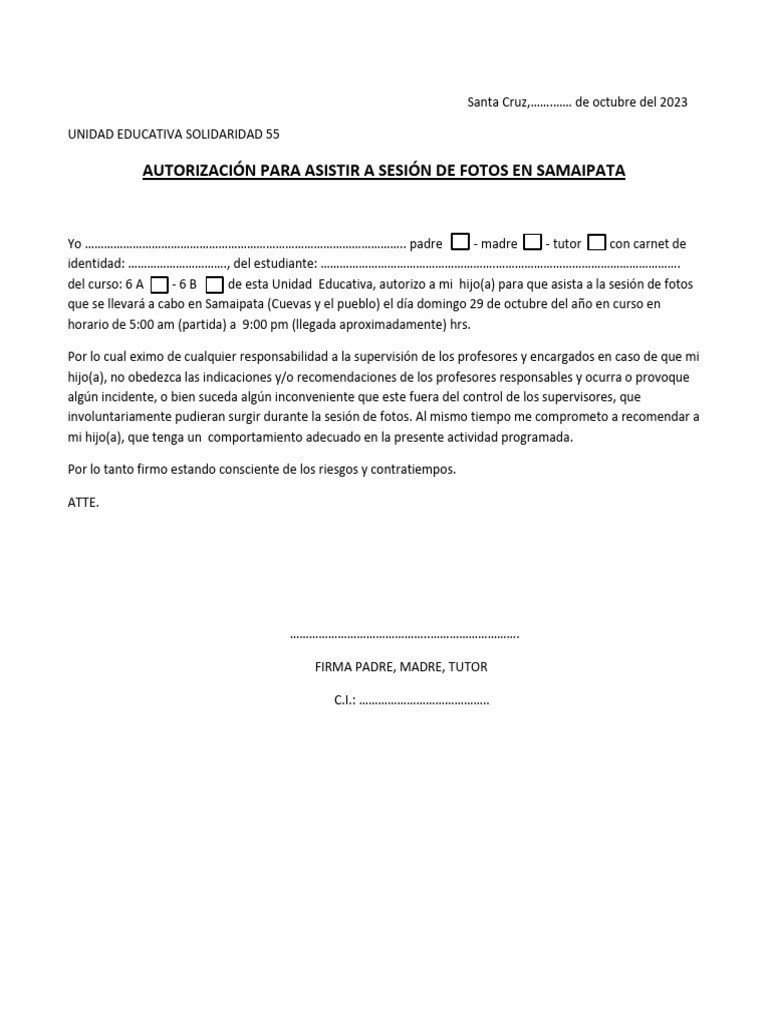 Autorización para Sesión de Fotos | PDF