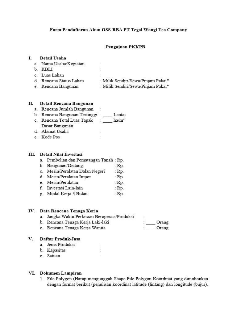 Form Pendaftaran PKKPR PT Teteco | PDF | Bisnis | Teknologi & Rekayasa