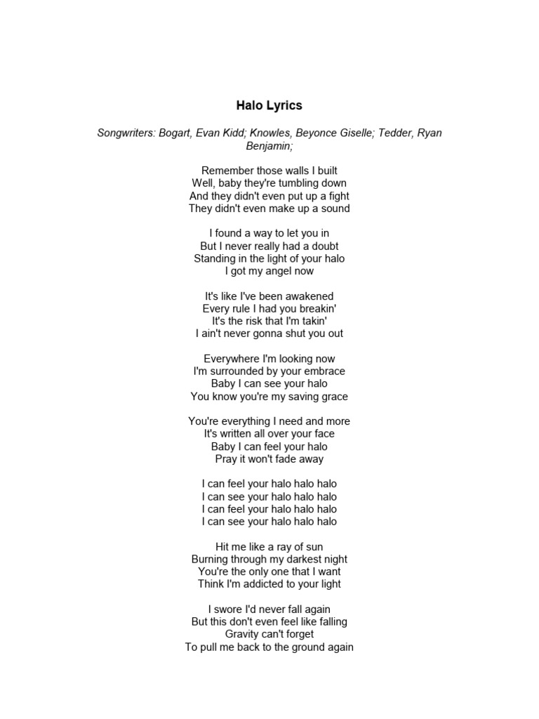 Halo Lyrics | Download Free PDF | Song Recordings | Rhythm And Blues Songs