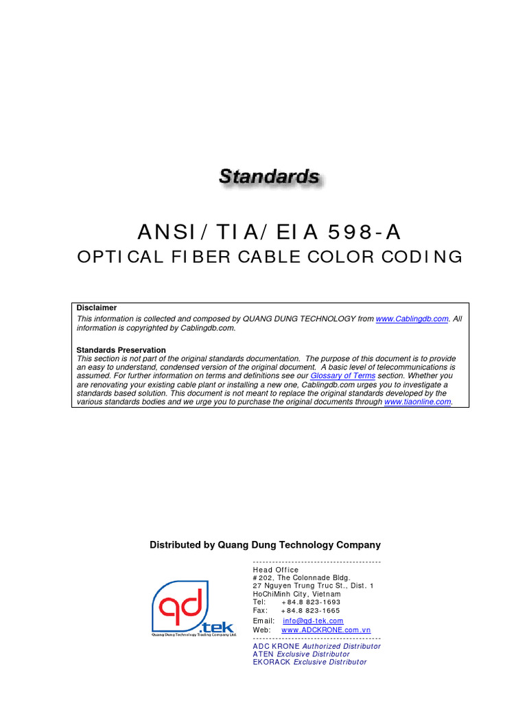 Cabling Standard - ANSI-TIA-EIA 598 A - FO Cable Color Coding | PDF | Optical Fiber | Materials