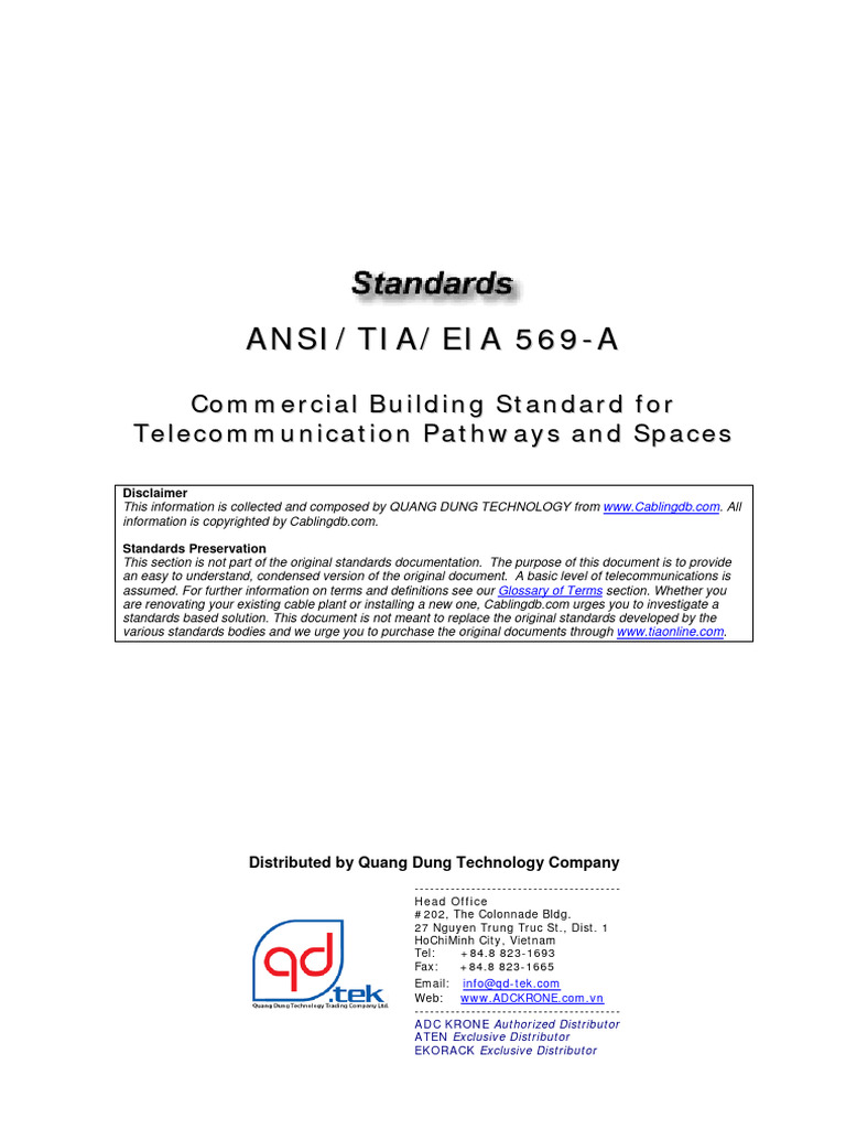 Cabling Standard - ANSI-TIA-EIA 569 A - Commercial Building Standard For Telecom Pathway and ...