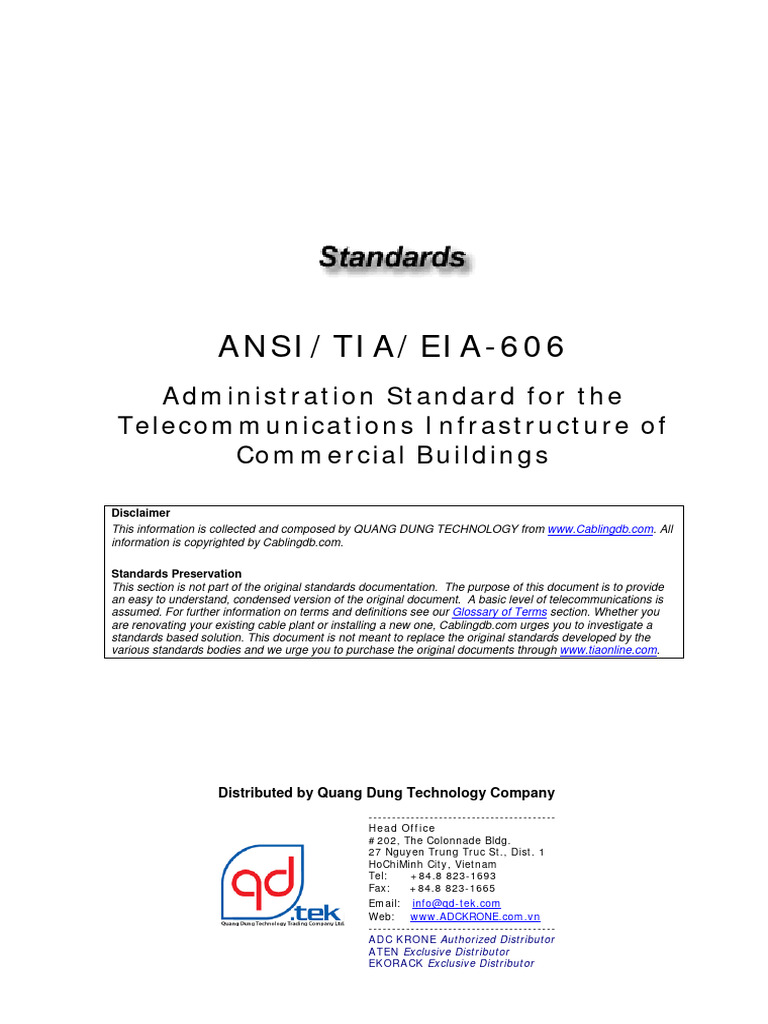 Cabling Standard - ANSI-TIA-EIA 606 - Administration Standard For The Telecommunications ...