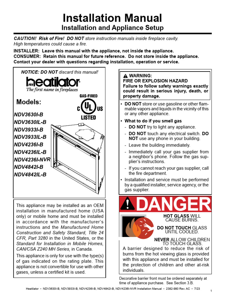 Installation Manual: Danger | PDF | Fireplace | Propane