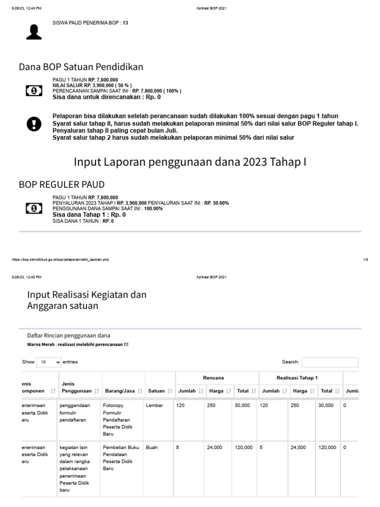 Laporan Penggunaan Dana Bop 2023 THP 1 TK Palawan | PDF