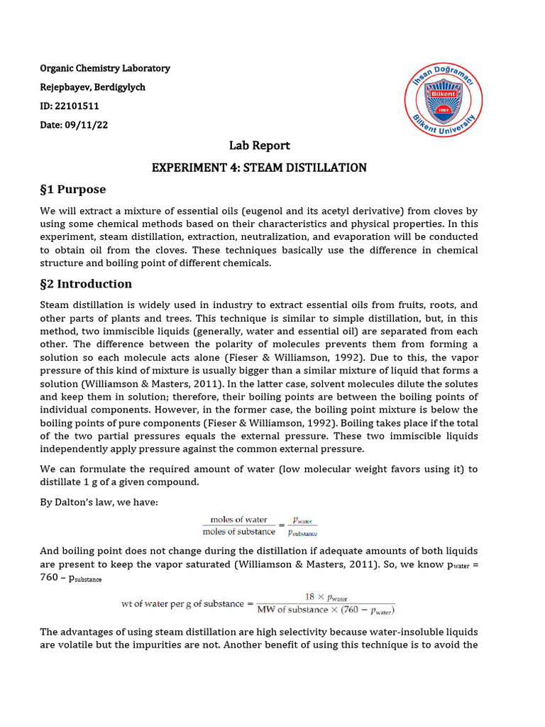 Lab Report Steam Distillation | PDF | Distillation | Mixture